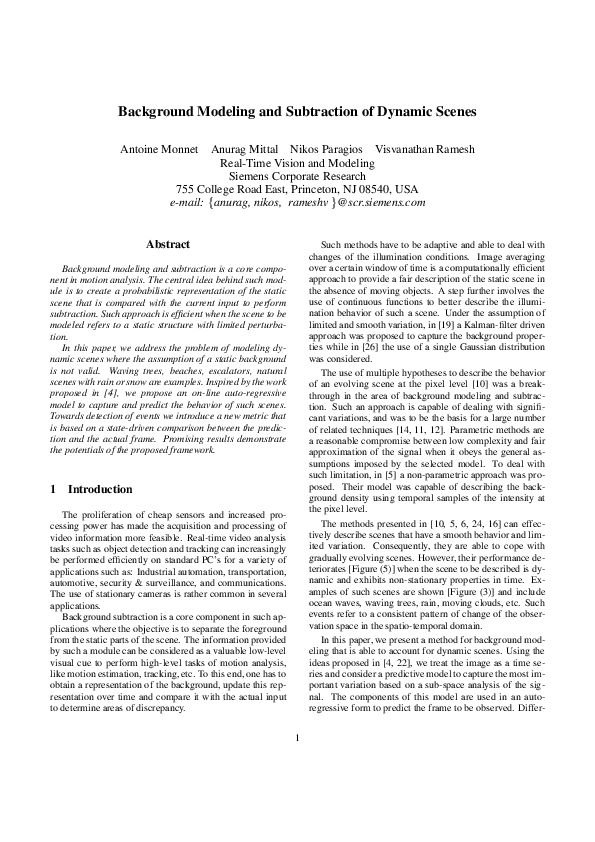 (PDF) Background modeling and subtraction of dynamic scenes