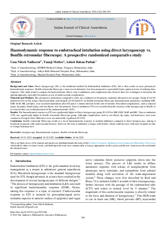 (PDF) Haemodynamic response to endotracheal intubation using direct ...