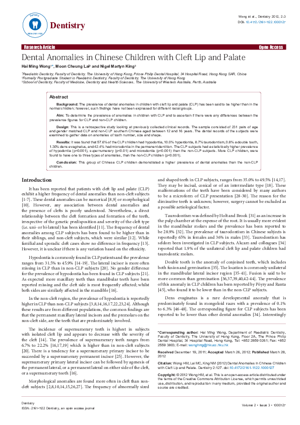 (PDF) Dental Anomalies in Chinese Children with Cleft Lip and Palate