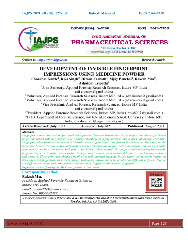 (PDF) DEVELOPMENT OF INVISIBLE FINGERPRINT IMPRESSIONS USING MEDICINE ...