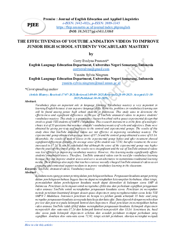 (PDF) THE EFFECTIVENESS OF YOUTUBE ANIMATION VIDEOS TO IMPROVE JUNIOR ...