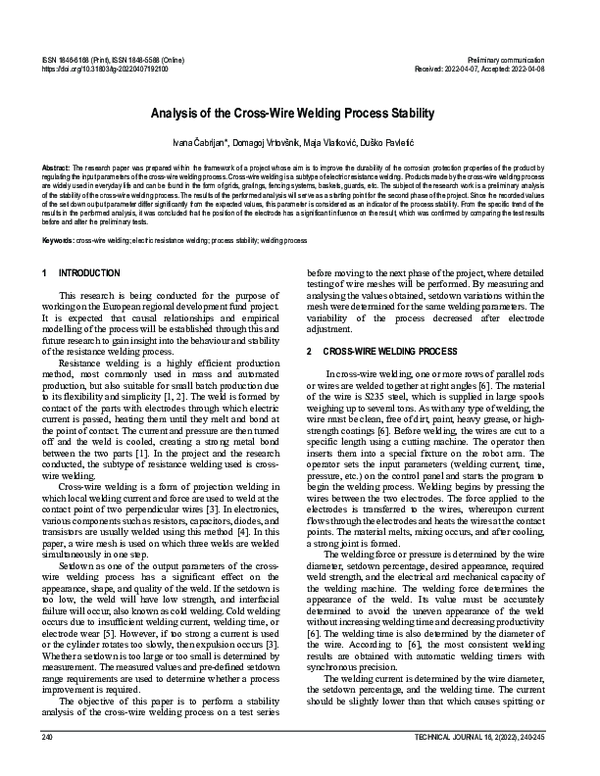 (PDF) Analysis of the Cross-Wire Welding Process Stability