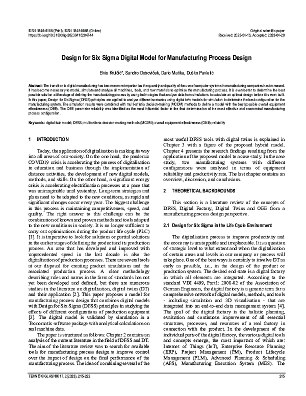 (PDF) Design for Six Sigma Digital Model for Manufacturing Process Design