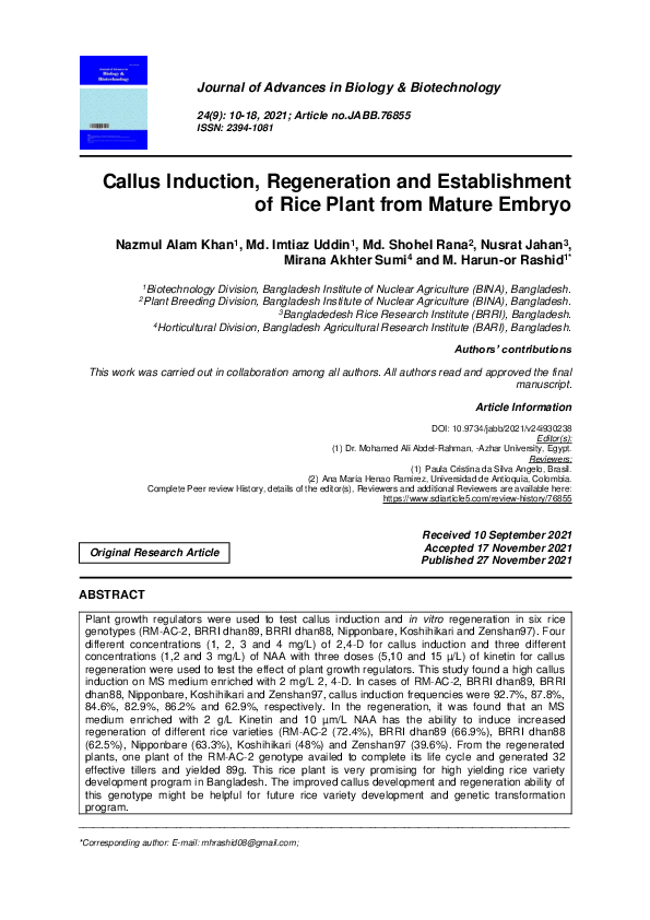 (PDF) Callus Induction, Regeneration and Establishment of Rice Plant ...