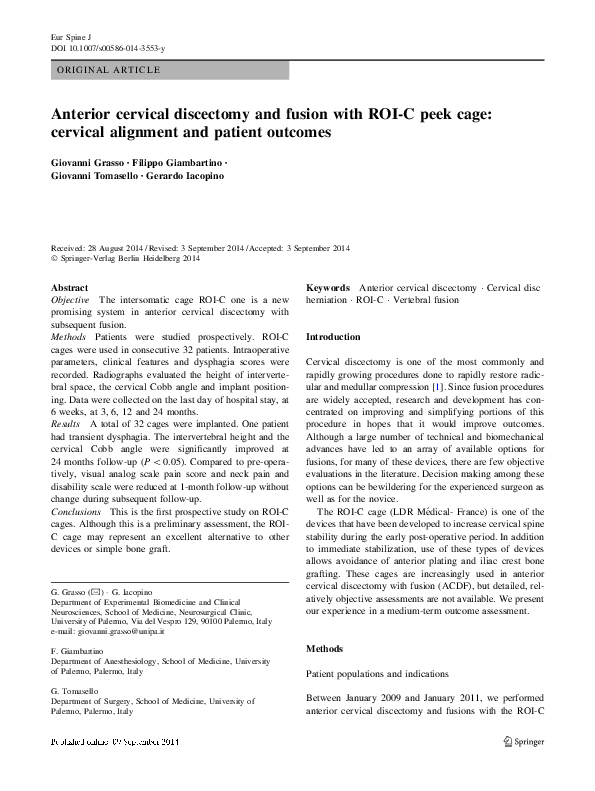 (PDF) Anterior cervical discectomy and fusion with ROI-C peek cage ...