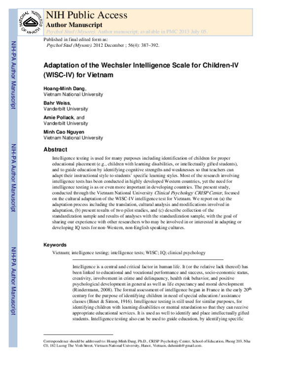 (PDF) Adaptation of the Wechsler Intelligence Scale for Children-IV ...