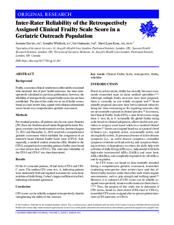 (PDF) Inter-Rater Reliability of the Retrospectively Assigned Clinical ...