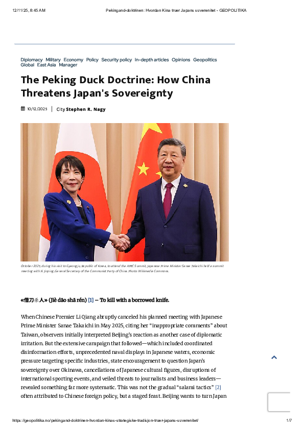 (PDF) The Peking Duck Doctrine: How China Threatens Japan's Sovereignty