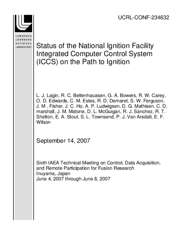 (PDF) Status of the National Ignition Facility Integrated Computer ...