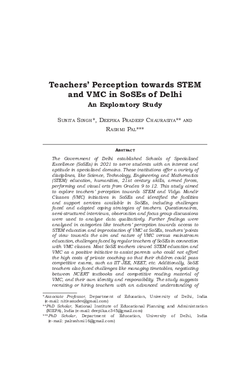 (PDF) Teachers' Perception towards STEM and VMC in SoSEs of Delhi An ...