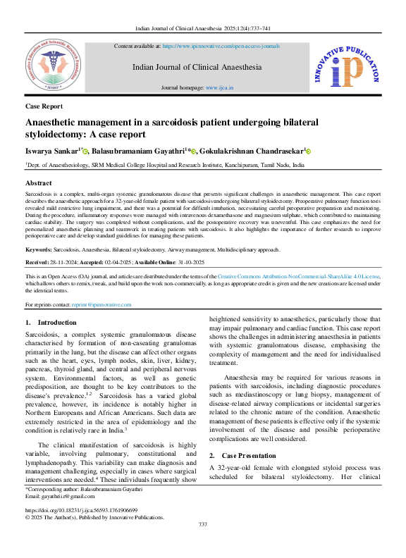(PDF) Anaesthetic management in a sarcoidosis patient undergoing ...