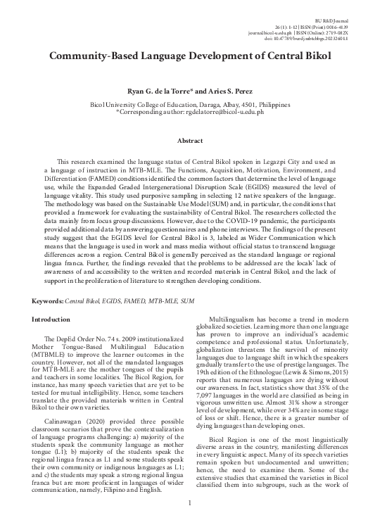 (PDF) Community-Based Language Development of Central Bikol