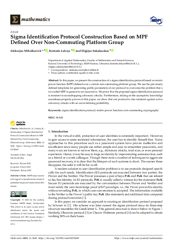 (PDF) Sigma Identification Protocol Construction Based on MPF Defined ...