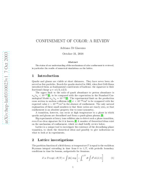 (PDF) Confinement of Color: A Review