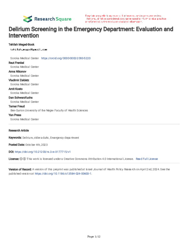 (PDF) Delirium Screening in the Emergency Department: Evaluation and ...