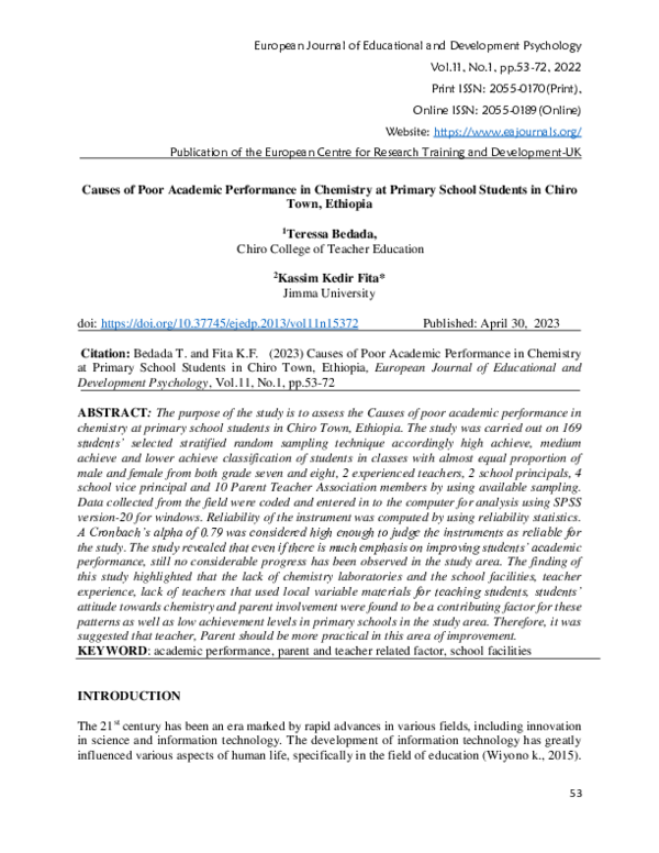 (PDF) Causes of Poor Academic Performance in Chemistry at Primary ...