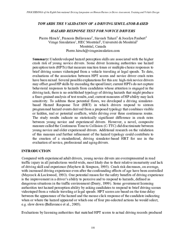 (PDF) Towards the Validation of a Driving Simulator-Based Hazard ...