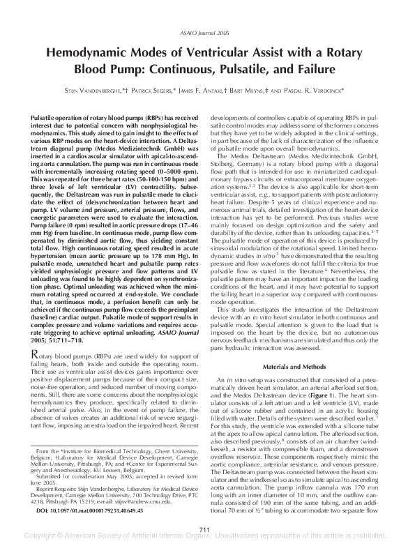 (PDF) Hemodynamic Modes of Ventricular Assist with a Rotary Blood Pump ...