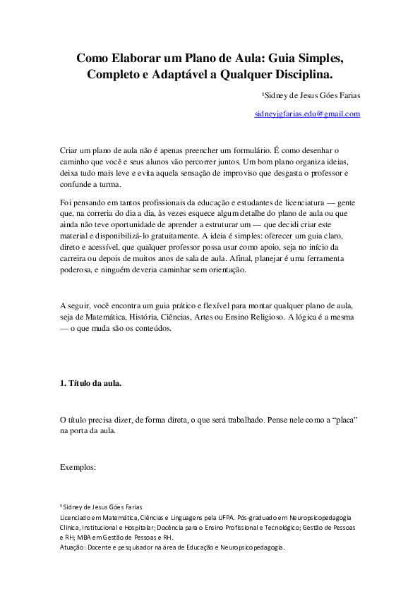 (PDF) Como Elaborar um Plano de Aula: Guia Simples, Completo e Adaptável a Qualquer Disciplina