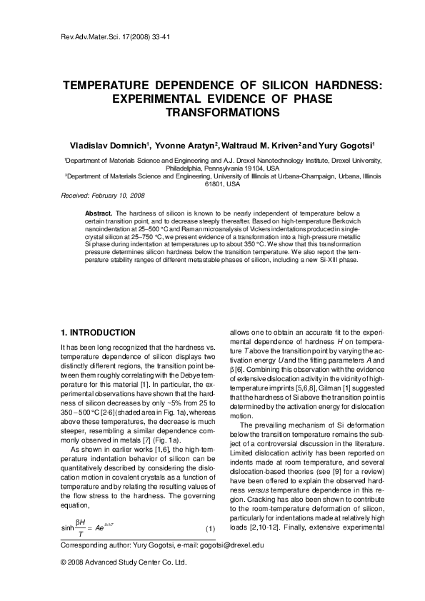 (PDF) Temperature dependence of silicon hardness: Experimental evidence ...