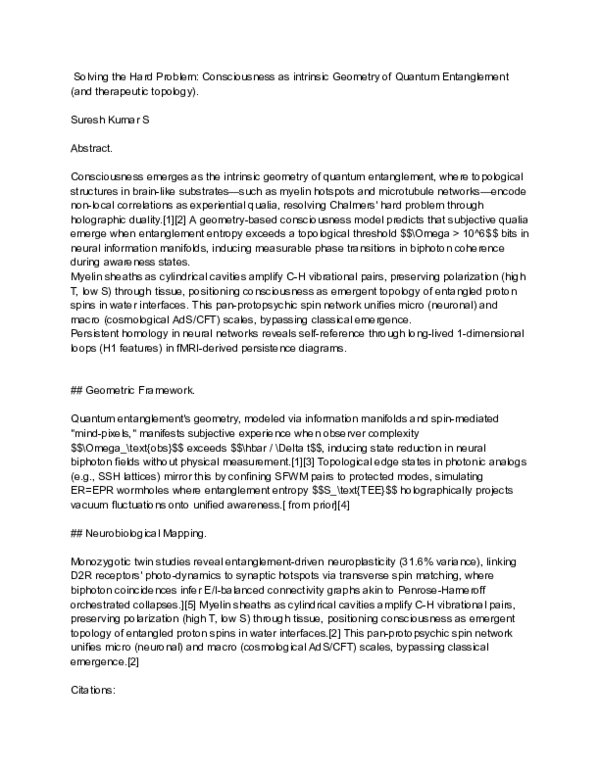 (PDF) Solving the Hard Problem: Consciousness as intrinsic Geometry of Quantum Entanglement (and ...