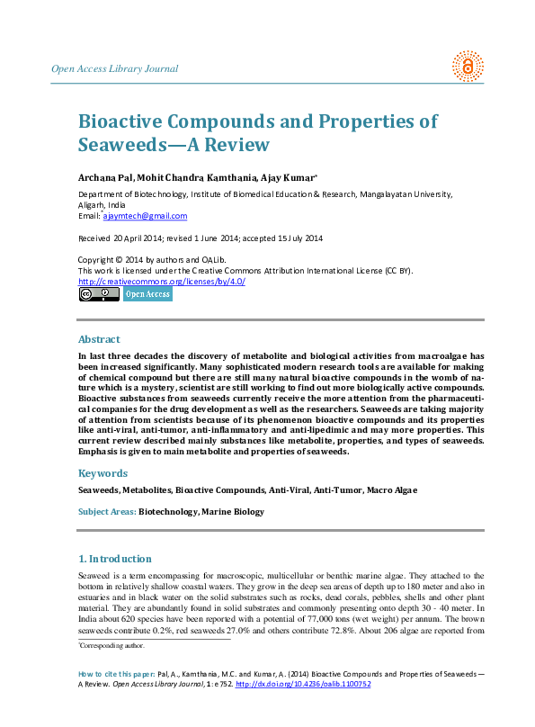 (PDF) Bioactive Compounds and Properties of Seaweeds—A Review