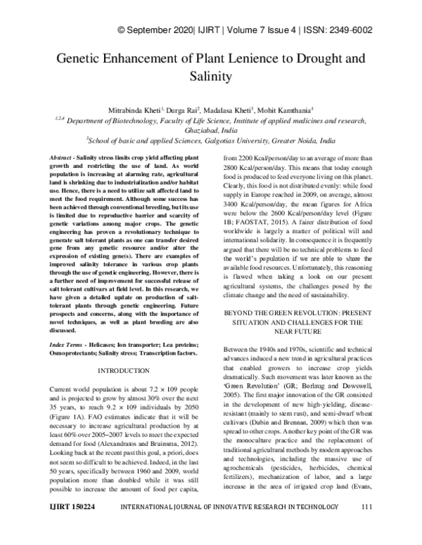 (PDF) Genetic Enhancement of Plant Lenience to Drought and Salinity