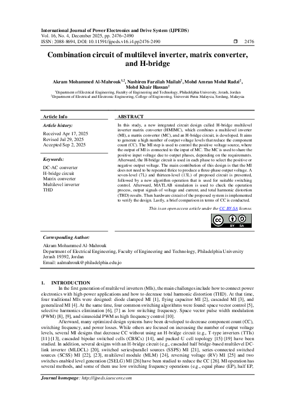 (PDF) Combination circuit of multilevel inverter, matrix converter, and ...