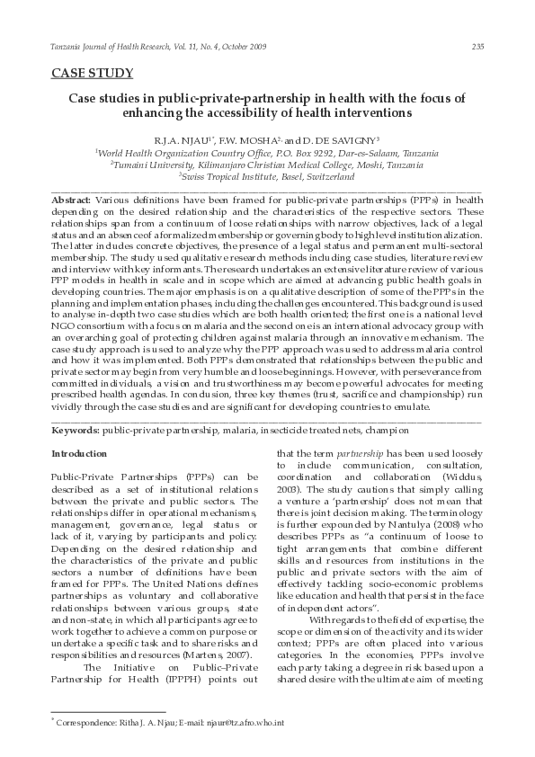 (PDF) Case studies in public-private-partnership in health with the ...