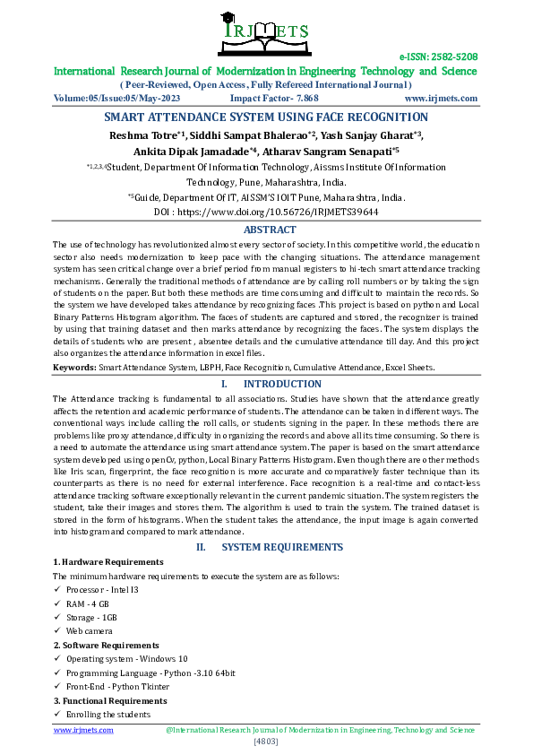 (PDF) Smart Attendance System Using Face Recognition