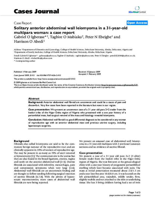 (PDF) Solitary anterior abdominal wall leiomyoma in a 31-year-old ...