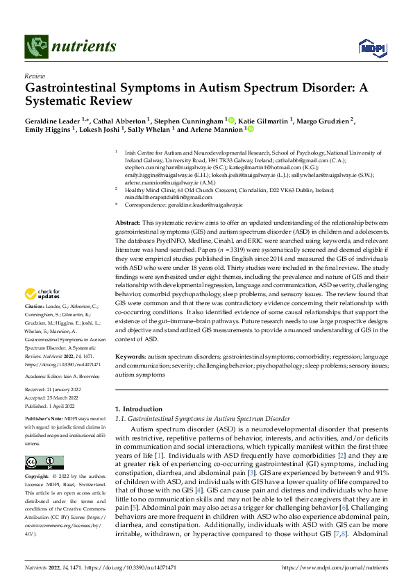 (PDF) Gastrointestinal Symptoms in Autism Spectrum Disorder: A ...