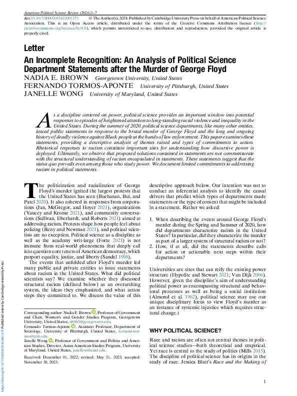 (PDF) An Incomplete Recognition: An Analysis of Political Science ...