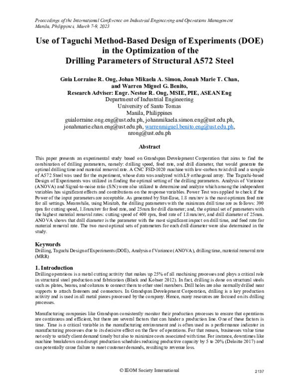 (PDF) Use of Taguchi Method-Based Design of Experiments (DOE)in the ...