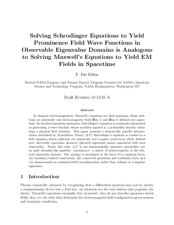 (PDF) Solving Schrodinger Equations to Yield Prominence Field Wave Functions in Observable ...