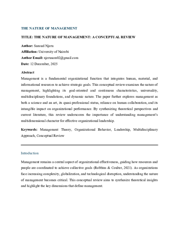 (PDF) THE NATURE OF MANAGEMENT TITLE: THE NATURE OF MANAGEMENT: A ...
