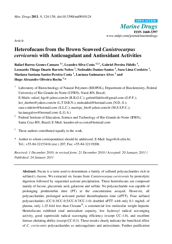 (PDF) Heterofucans from the Brown Seaweed Canistrocarpus cervicornis ...