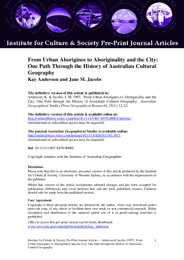 (PDF) From Urban Aborigines to Aboriginality and the City: One Path ...