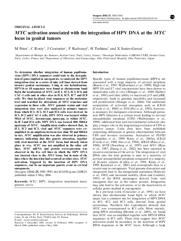 (PDF) MYC activation associated with the integration of HPV DNA at the ...