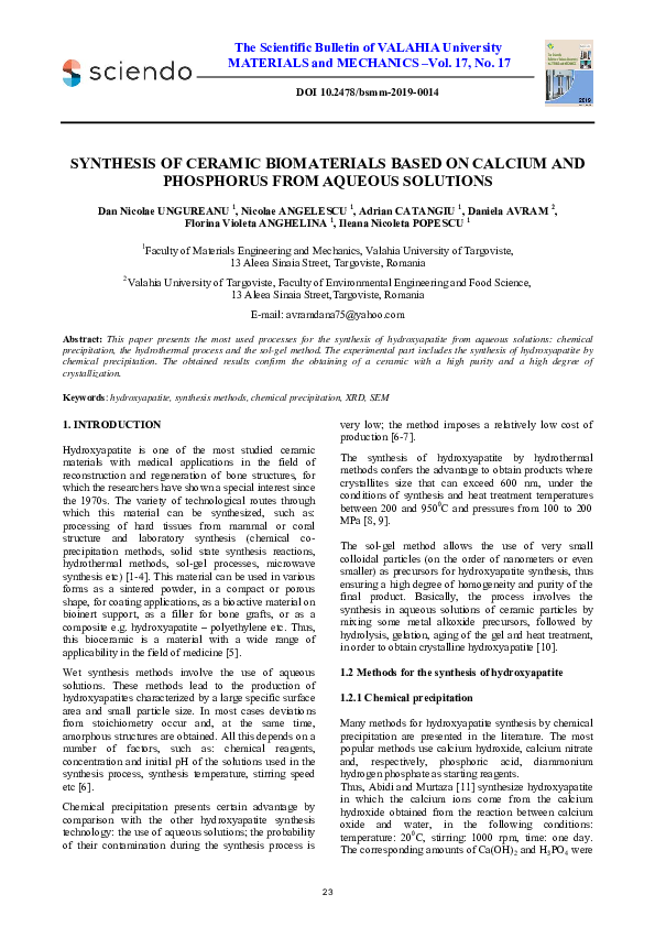 (PDF) Synthesis of Ceramic Biomaterials Based on Calcium and Phosphorus ...