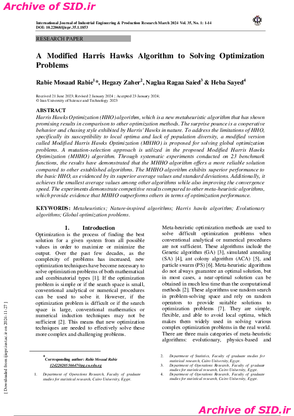 (PDF) A Modified Harris Hawks Algorithm to Solving Optimization Problems