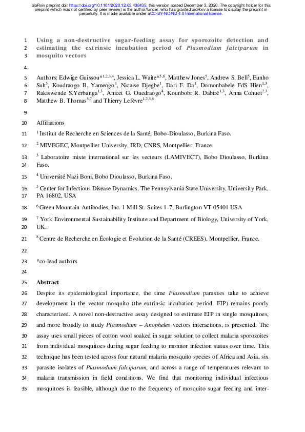 (PDF) Using a non-destructive sugar-feeding assay for sporozoite ...