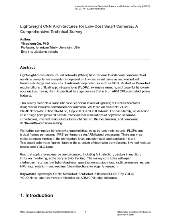(PDF) Lightweight CNN Architectures for Low-Cost Smart Cameras: A Comprehensive Technical Survey