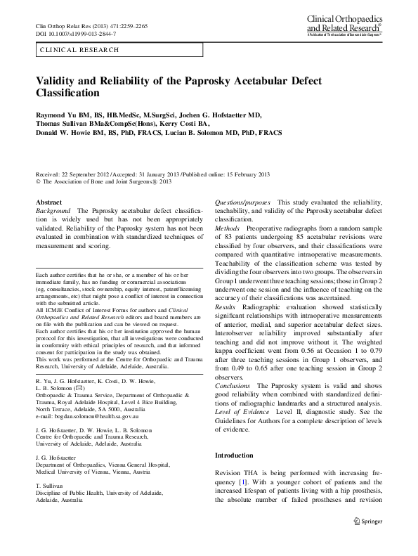 (PDF) Validity and Reliability of the Paprosky Acetabular Defect ...