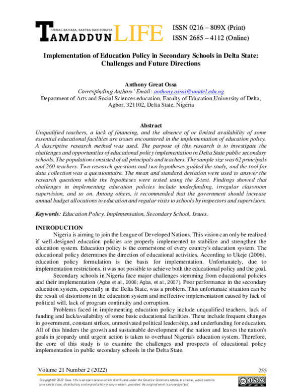 (PDF) Implementation of Education Policy in Secondary Schools in Delta ...
