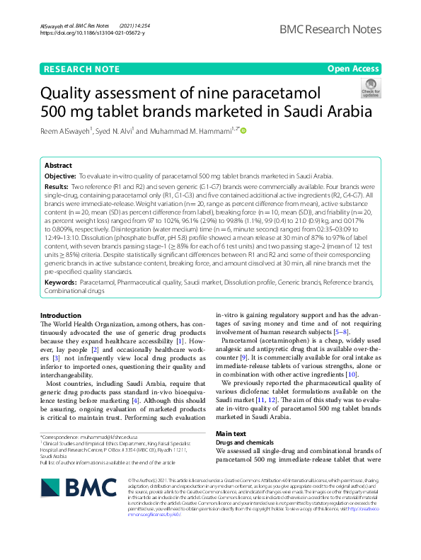 (PDF) Quality assessment of nine paracetamol 500 mg tablet brands ...