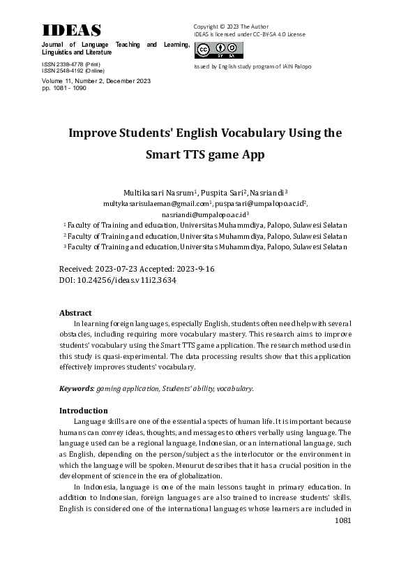 (PDF) Improve Students' English Vocabulary Using the Smart TTS game App