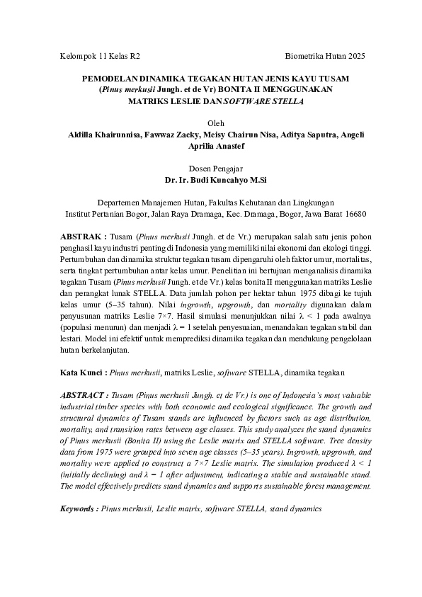 (PDF) PEMODELAN DINAMIKA TEGAKAN HUTAN JENIS KAYU TUSAM (Pinus merkusii ...