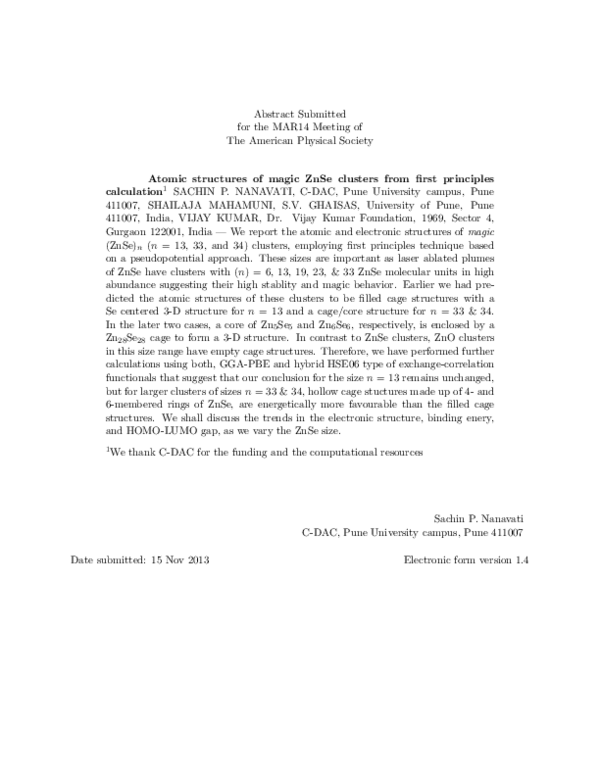 (PDF) Atomic structures of magic ZnSe clusters from first principles ...