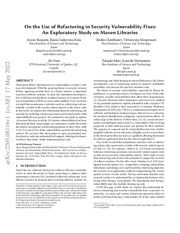 (PDF) On the Use of Refactoring in Security Vulnerability Fixes: An ...